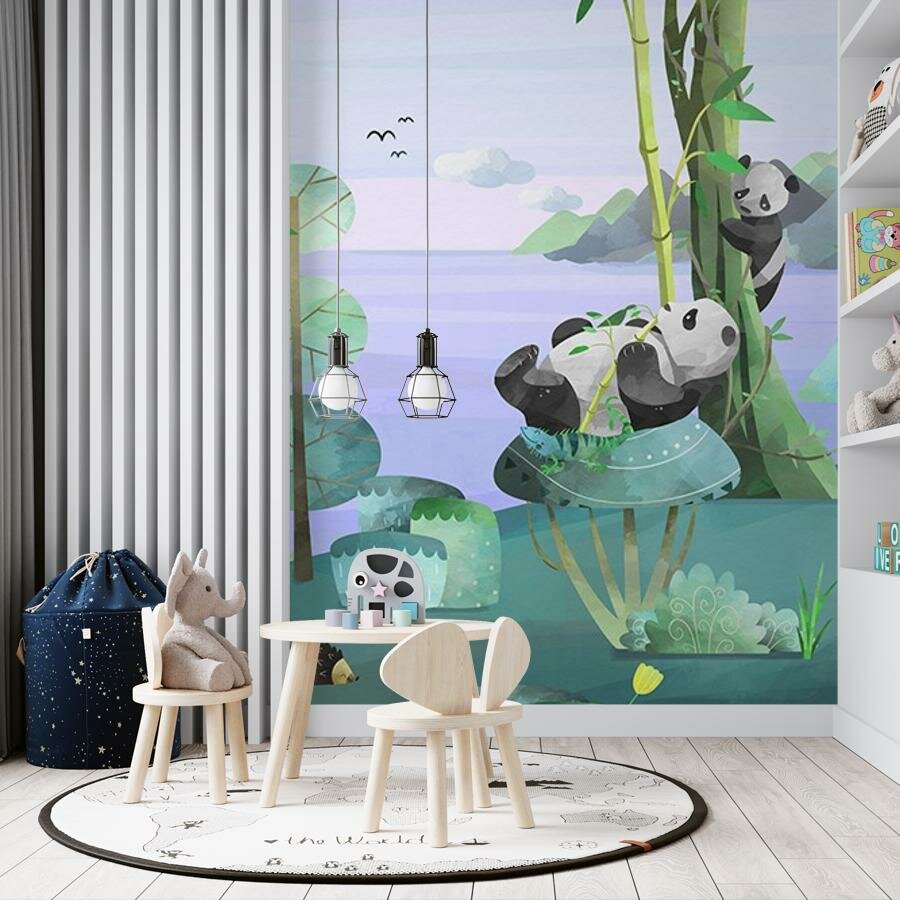 Фотообои детские. Панды в лесу 12-1614-S-Флок 270 x 200 см (ВхШ) Бесшовные, флизелиновые, влагостойкие обои MasterFresok
