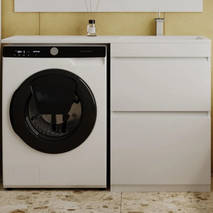 Тумба с раковиной Style Line Даллас 120 под стиральную машину, напольная, 120, 2 см, белая, глянцевая, из МДФ, с ящиками, раковина для ванной, из искусственного камня, прямоугольная