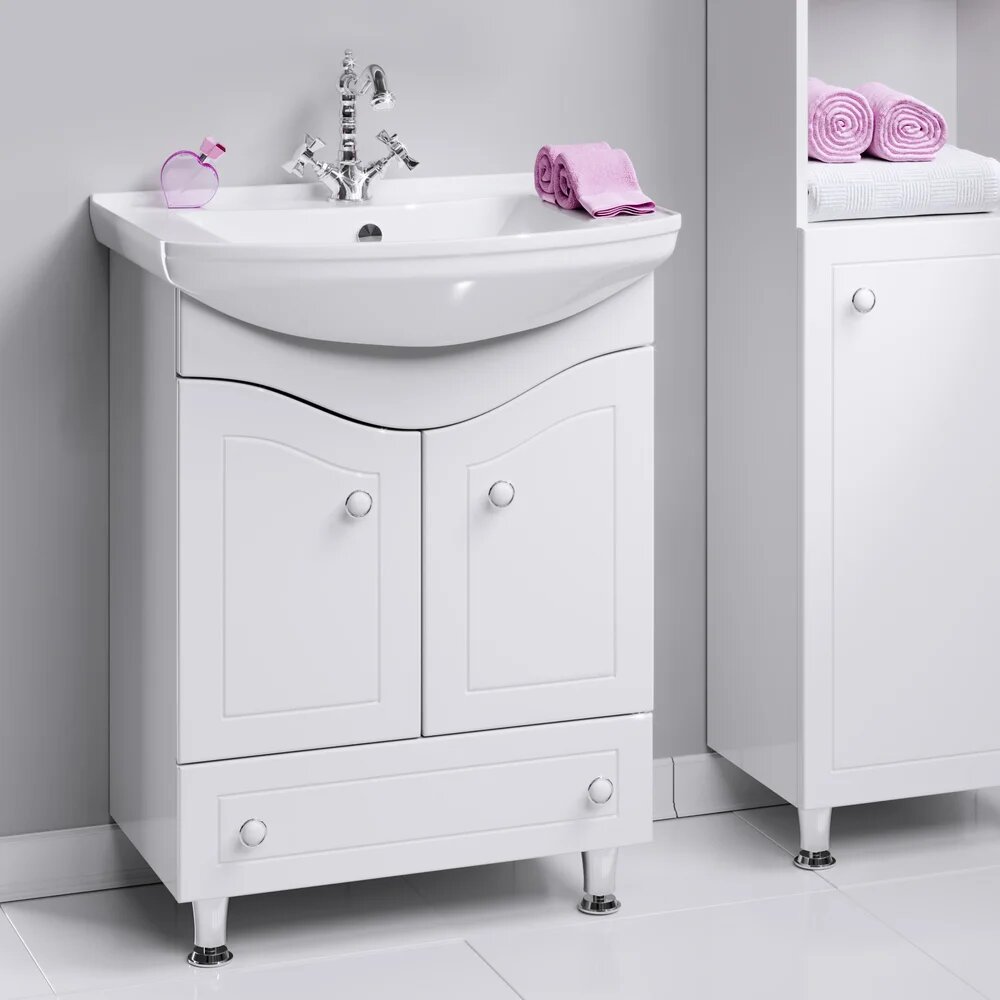 Тумба под раковину без столешницы Aqwella Franchesca 65 с ножками, белая, глянцевая, из МДФ, тумба для ванной, с ящиками, с дверками, с доводчиками