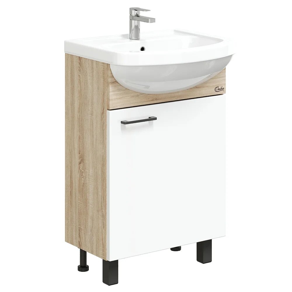 Тумба с раковиной Onika Эко 52 Black напольная, 52 см, белая, светлое дерево, матовая, из ЛДСП, с дверками, раковина для ванной, фарфоровая, полукруглая, встроенный слив-перелив