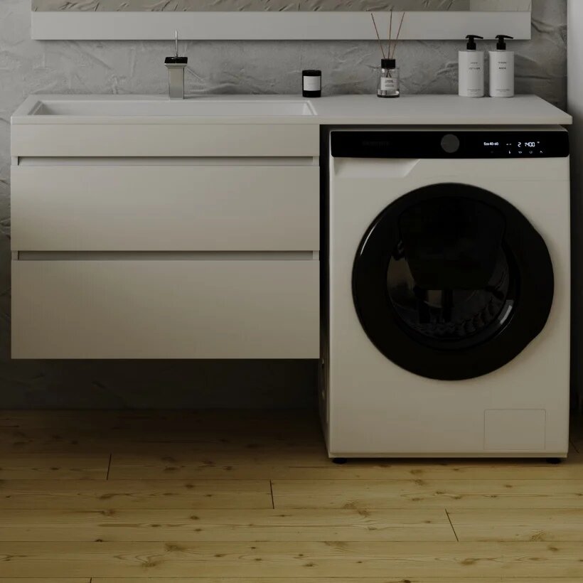 Тумба с раковиной Style Line Даллас 140 подвесная, под стиральную машину, 140, 2 см, белая, глянцевая, из МДФ, с ящиками, раковина для ванной из камня, прямоугольная