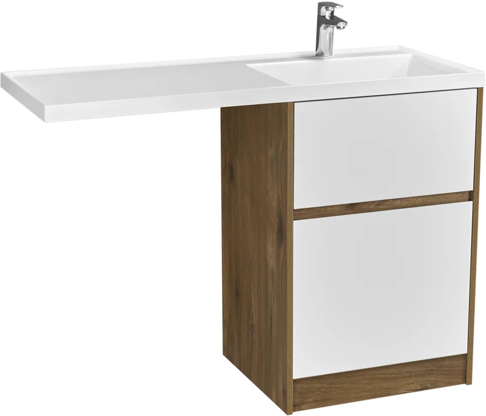 Тумба с раковиной AQUATON Лондри под стиральную машину, напольная, 120 см, белая, светлое дерево, глянцевая, из ЛДСП, с ящиками, раковина для ванной из искусственного мрамора, прямоугольная