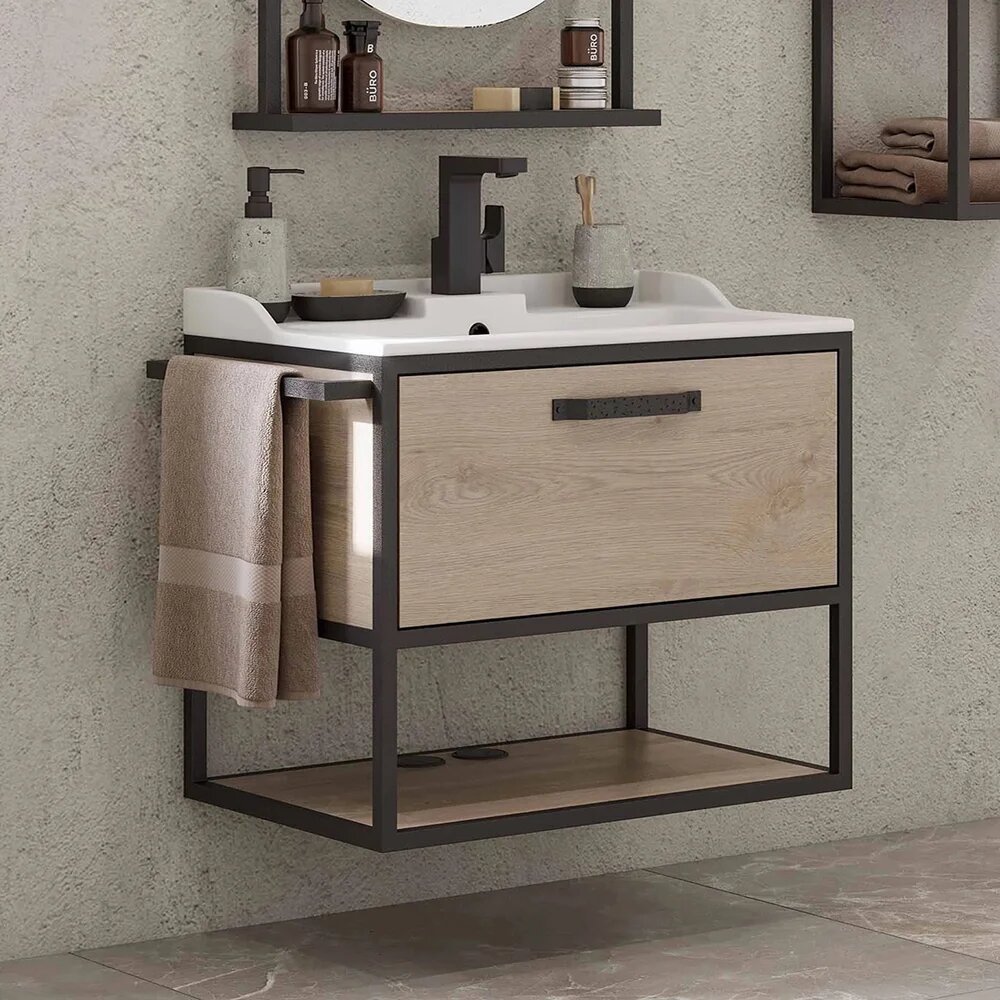 Тумба с раковиной AQUATON Лофт Фабрик 65 подвесная, 65 см, черная, светлое дерево, матовая, из ЛДСП, с ящиками, раковина для ванной, из искусственного мрамора, прямоугольная
