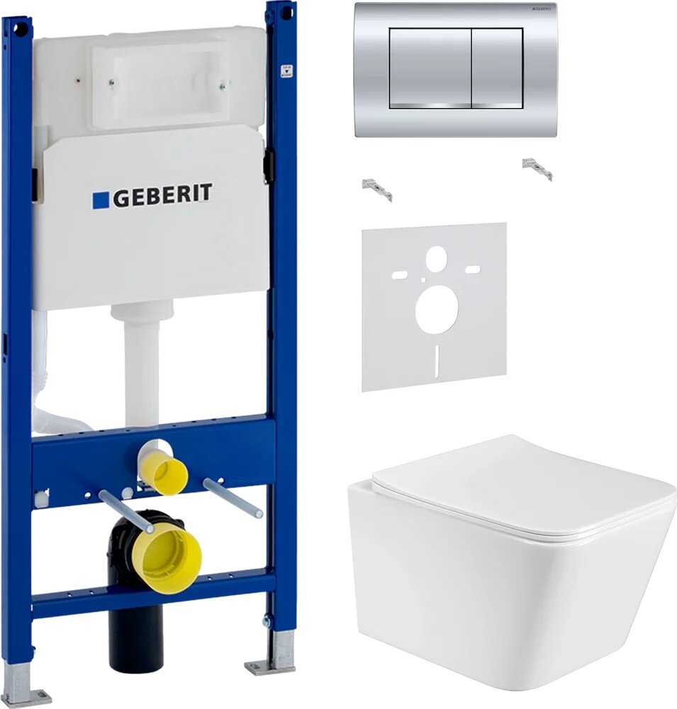 Комплект 3 в 1 Унитаз подвесной BOND Cube F04-10 / Звукоизоляция Geberit 156.050.00.1 / Инсталляция с кнопкой Duofix Delta 458.163.21.1 цвет хром