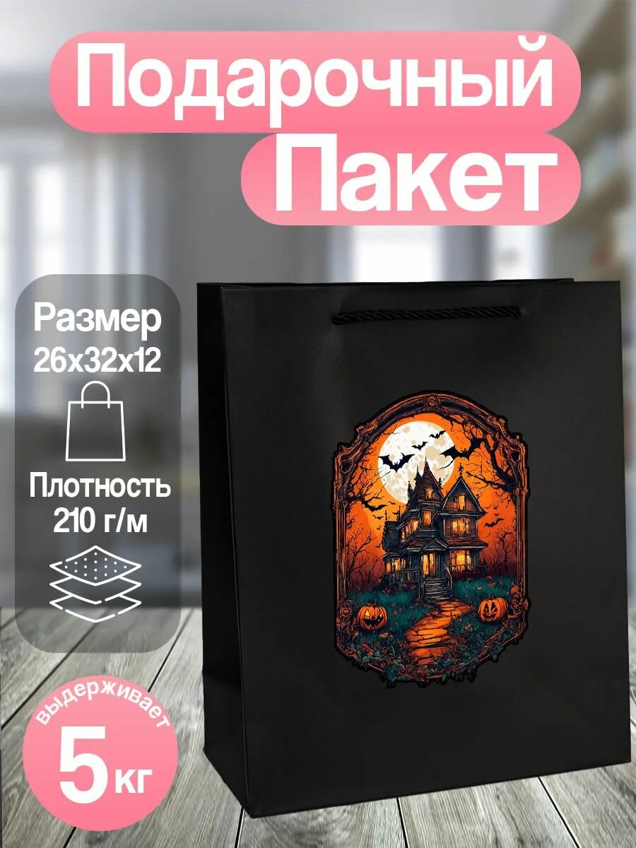 Подарочный пакет большой черный Хэллоуин, упаковка для подарка, 26х31 см