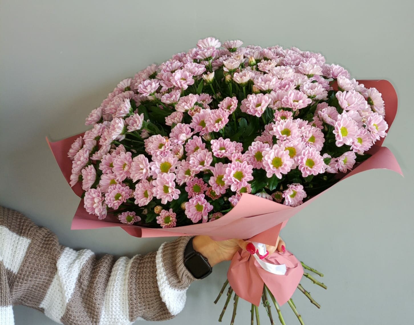 Монобукет "Сиреневой ромашки", хризантемы,15 штук, высота 50 см