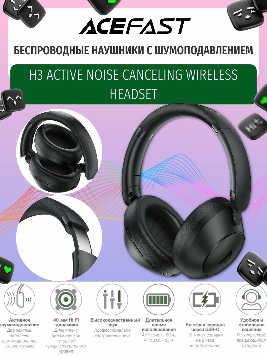 Беспроводные наушники с шумоподавлением ACEFAST H3 Active Noise Canceling Wireless Headset. Цвет: черный