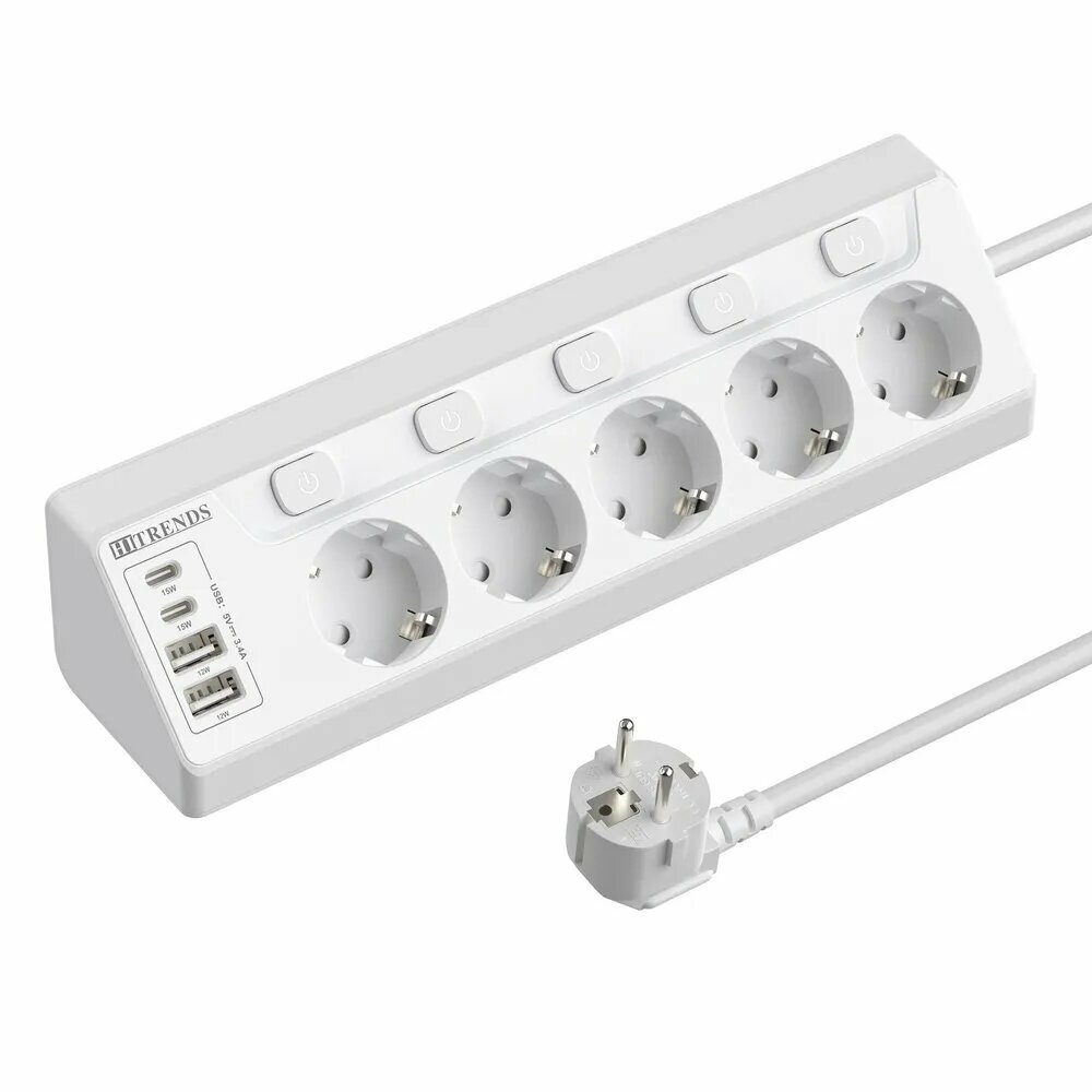 HITRENDS Удлинитель с 5 розетками и 2 USB + 2 Type-C, индивидуальные выключатели, защита от перегрузки, 4000W 16A 250V, огнестойкий и пылезащитный