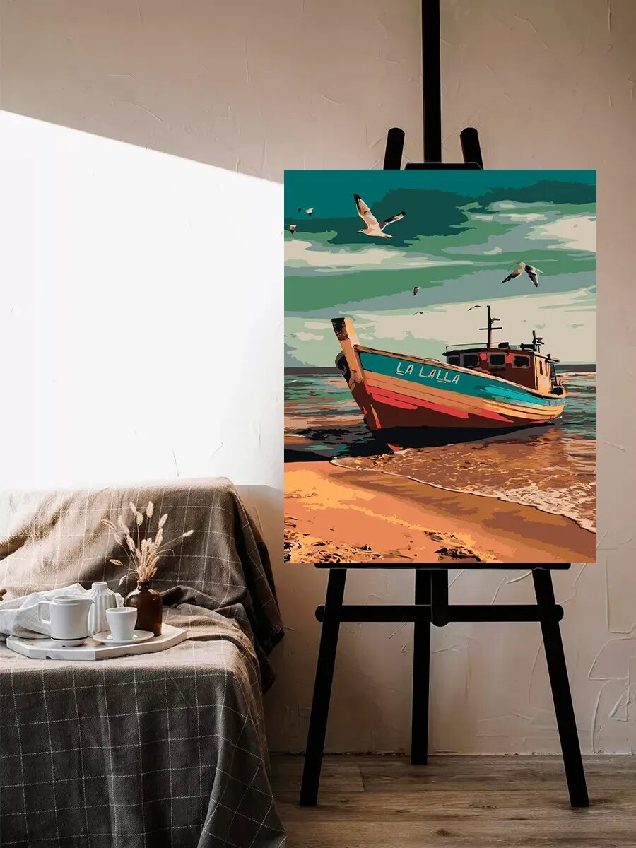 Картина по номерам Рыбацкая Лодка Птицы Море Берег