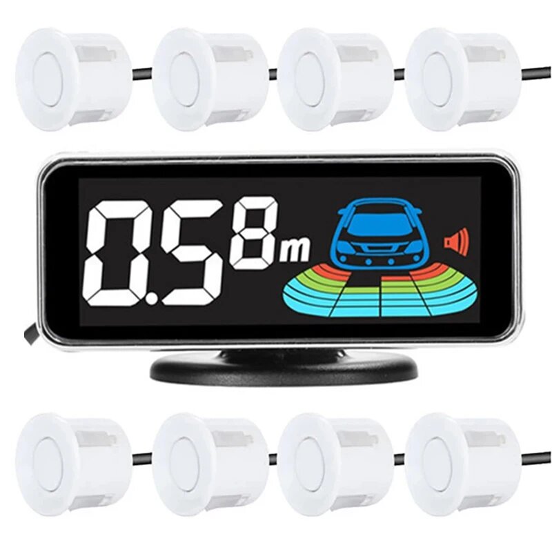 Комплект нескольких радарных датчиков парковки с подсветкой, парктроник, светодиодный дисплей, резервный монитор, детектор, помощник, датчик 4/8, сигнализация, 8 sensors, White sensors