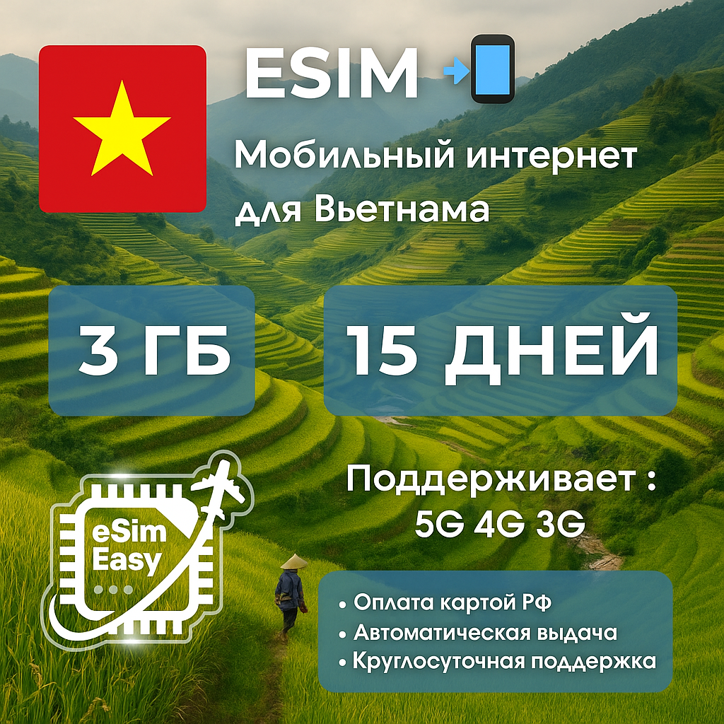 ESIM, 3 гб на 15 дней, для интернета во Вьетнаме, для телефона и планшета, 5G, 4G, 3G, электронный ключ