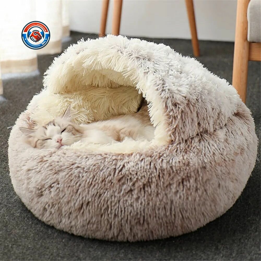 Круглая лежанка-гнездо для кошек и собак мелких пород, пушистый матрас с высокими бортиками, тёплая кровать-кокон, уютное место для сна и отдыха, машинная стирка, 3 размера