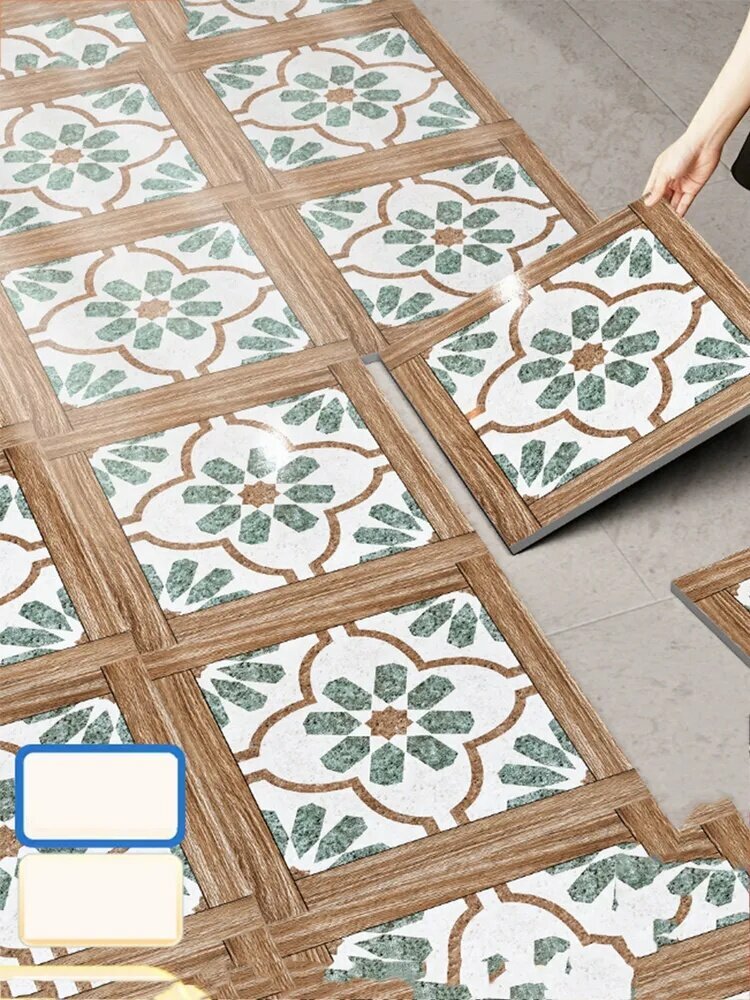 ПВХ панели, французский ретро имитация плитки наклейки, самоклеящиеся наклейки на пол с 3D эффектом, подходит для кухни, ванной комнаты, противоскользящие и износостойкие / размер 475x475mm, 5 шт