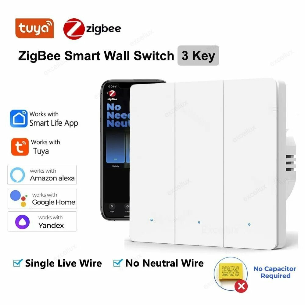 Умный выключатель Zigbee с Алисой, без нуля, трехклавишный, Tuya smart life