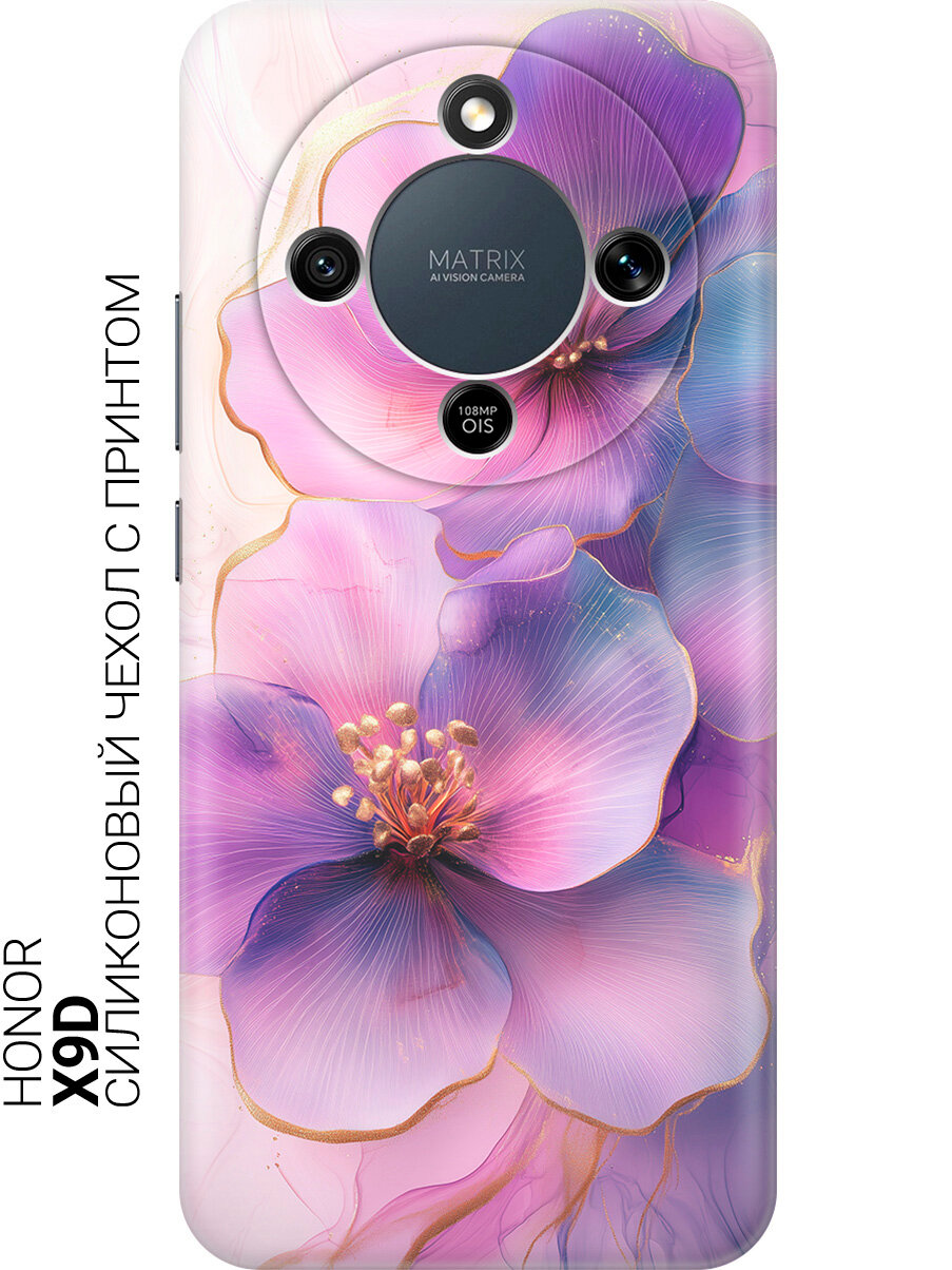 Силиконовый чехол на Honor X9d с принтом Сиреневые цветы и золото, trn