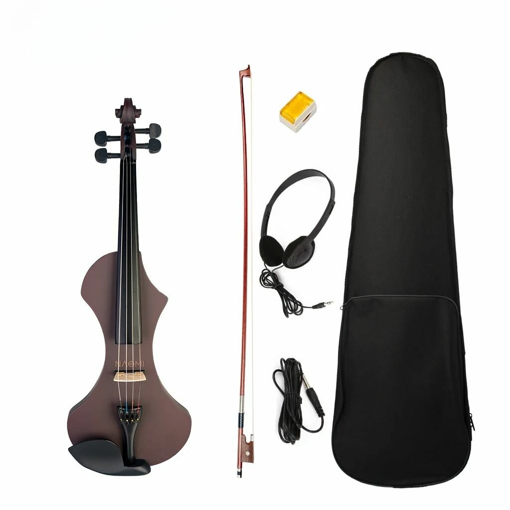 Бесшумная электрическая скрипка из цельного дерева, винно-красного цвета, с футляром + смычком + наушниками + канифолью + аудиокабелем, размер 4/4 (полный размер)