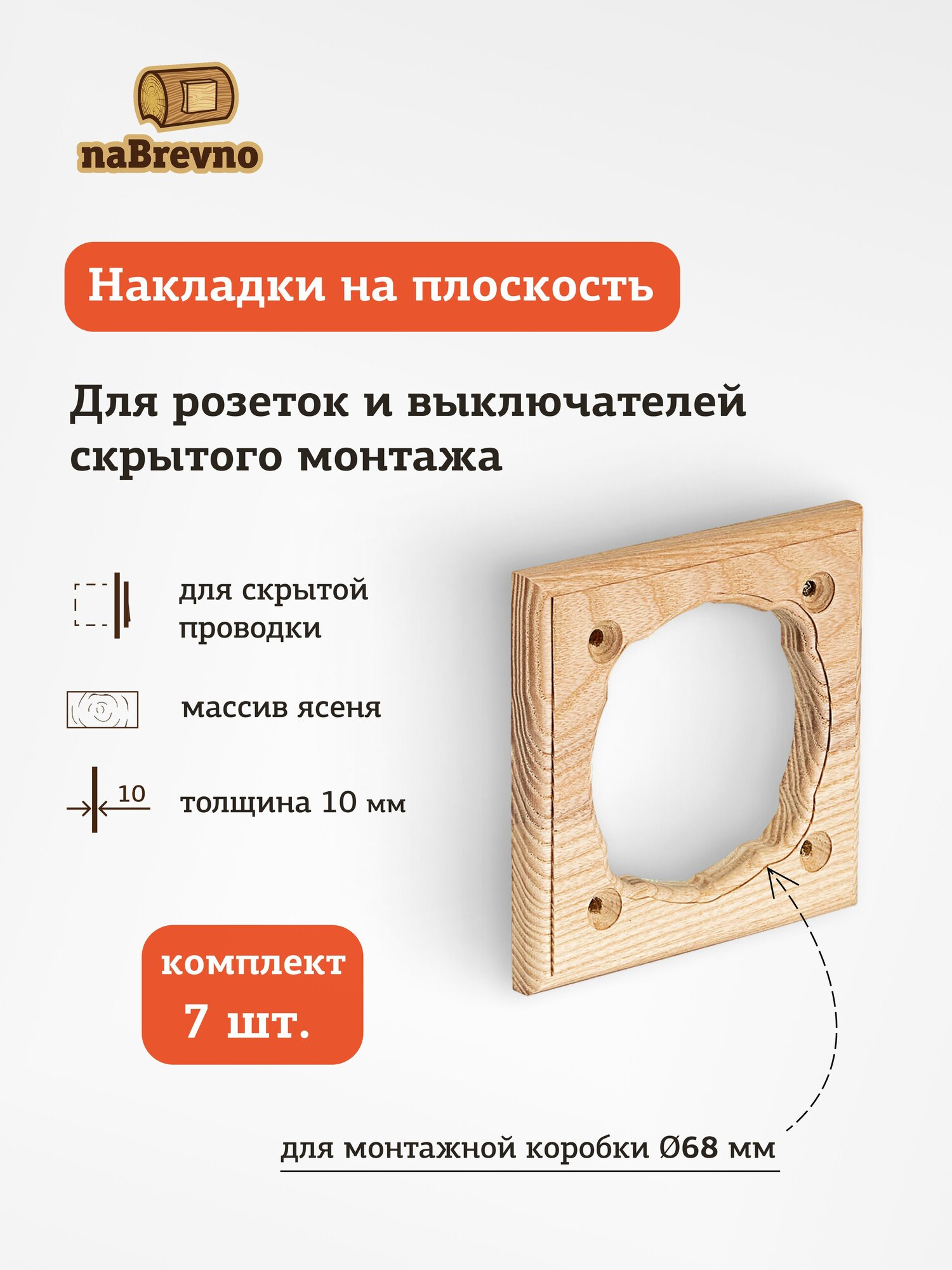 "Встраиваемые KOPOS" Одиночная накладка для установки встраиваемых розеток и выключателей на плоскость, ясень, VK1-0 (7 шт)