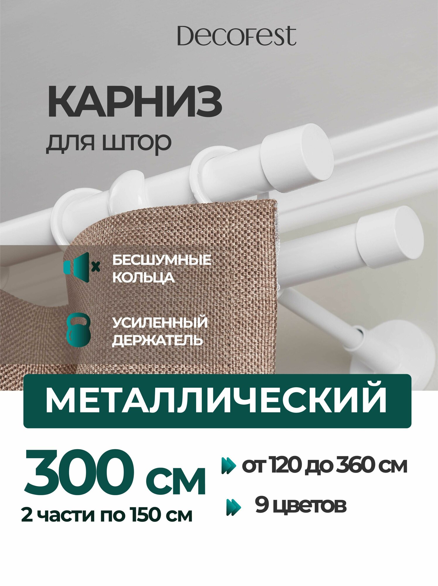 Карниз для штор двухрядный металлический составной 300 см SET Белый, гардина настенная