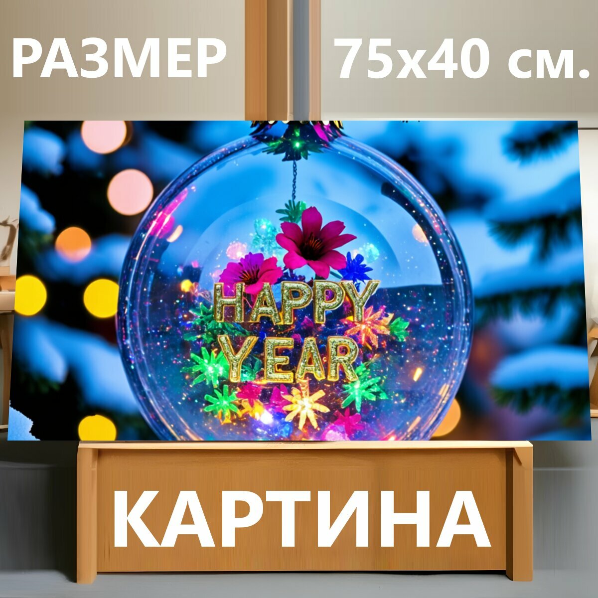 Картина на холсте "Прозрачный стеклянный новогодний шар с разноцветными огоньками" на подрамнике 75х40 см. для интерьера