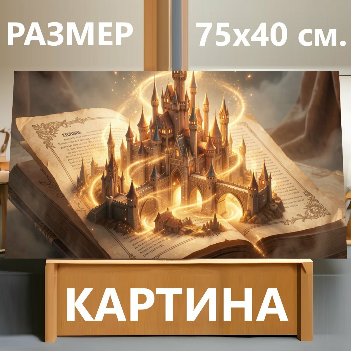 Картина на холсте "Волшебный замок из книги. Сказочный книжный разворот с парящим средневековым дворцом, золотыми искрами и светящимися." на подрамнике 75х40 см. для интерьера