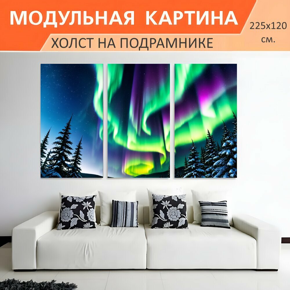 Модульная картина на холсте "Зимний пейзаж с северным сиянием" триптих на подрамнике 225х120 см. для интерьера