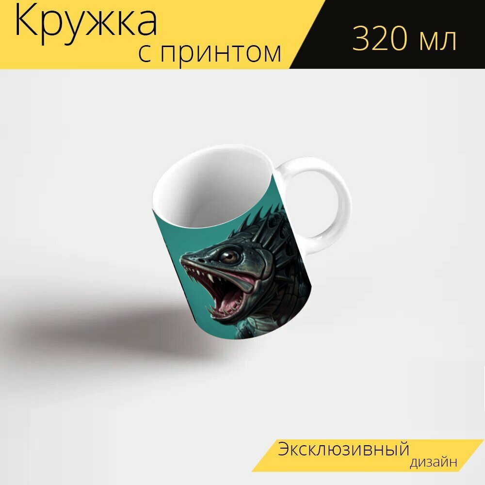 Кружка с рисунком, принтом "Хищная рыба с раскрытой пастью. Реалистичный цифровой арт морского чудовища с огромной зубастой пастью, крупным глазом и темными шипами. Холодные." 320 мл.