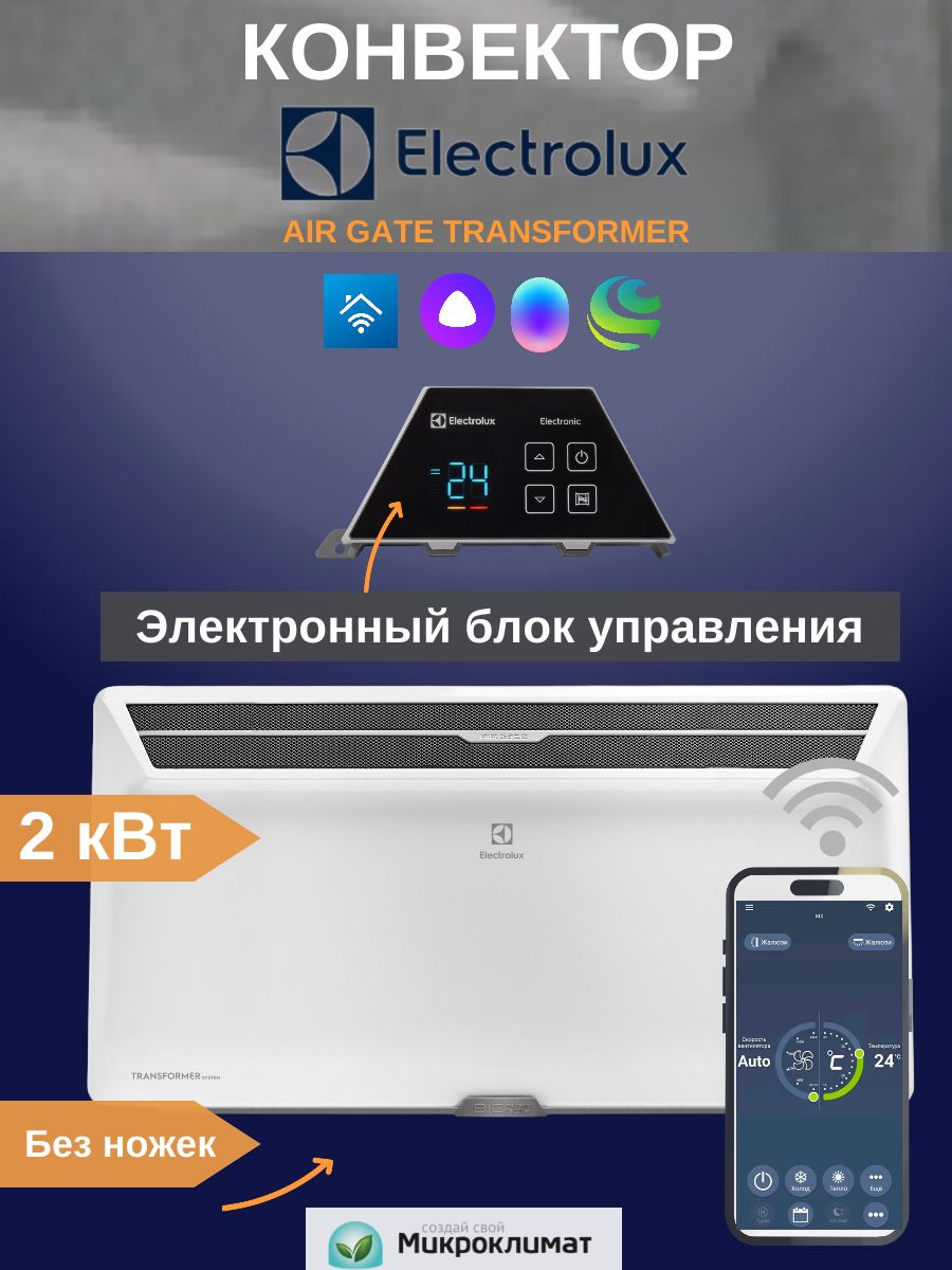 Конвектор электрический с электронным термостатом и Wi-Fi Electrolux Air Gate Transformer ECH/AG2-2000 T-TUE4 настенный