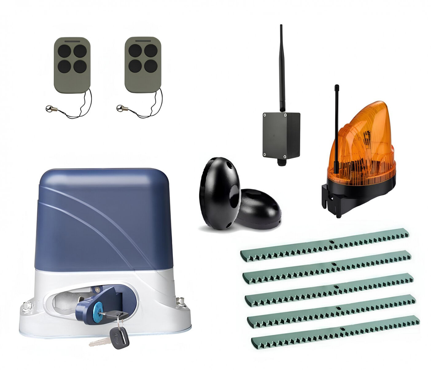 Автоматика для откатных ворот KSL-1300 FULL-1K5-BT, комплект: привод, 2 пульта, Bluetooth-модуль, фотоэлементы, лампа, 5 реек
