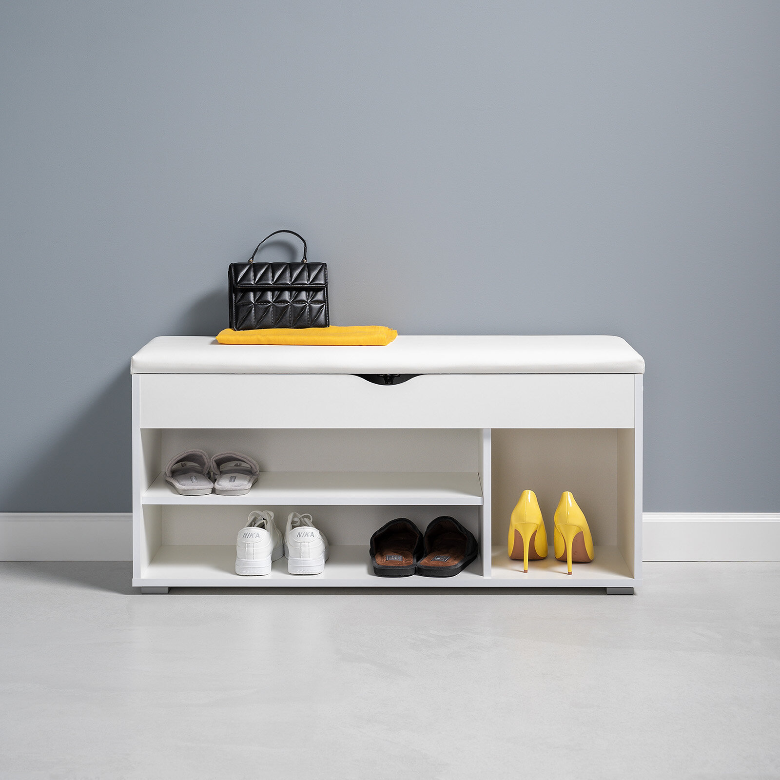Обувница Лайт 08.58 Белый с сиденьем и ящиком, пуфик с полками для обуви, низкая подставка под обувь в прихожую