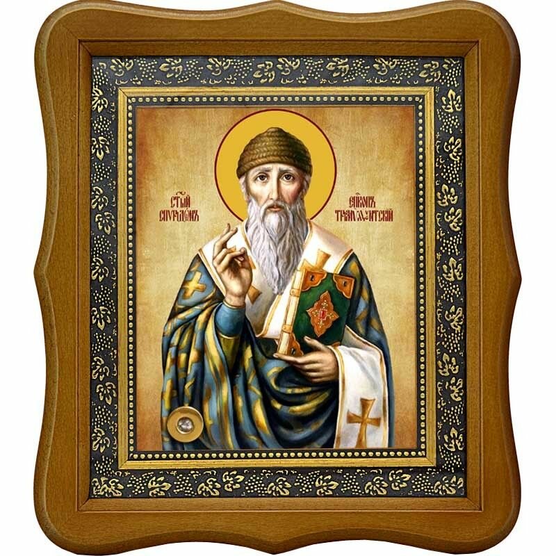 Спиридон Тримифунтский святитель. Икона с ладаном, освященном на святых мощах. (15 х 18 см / В фигурном киоте)