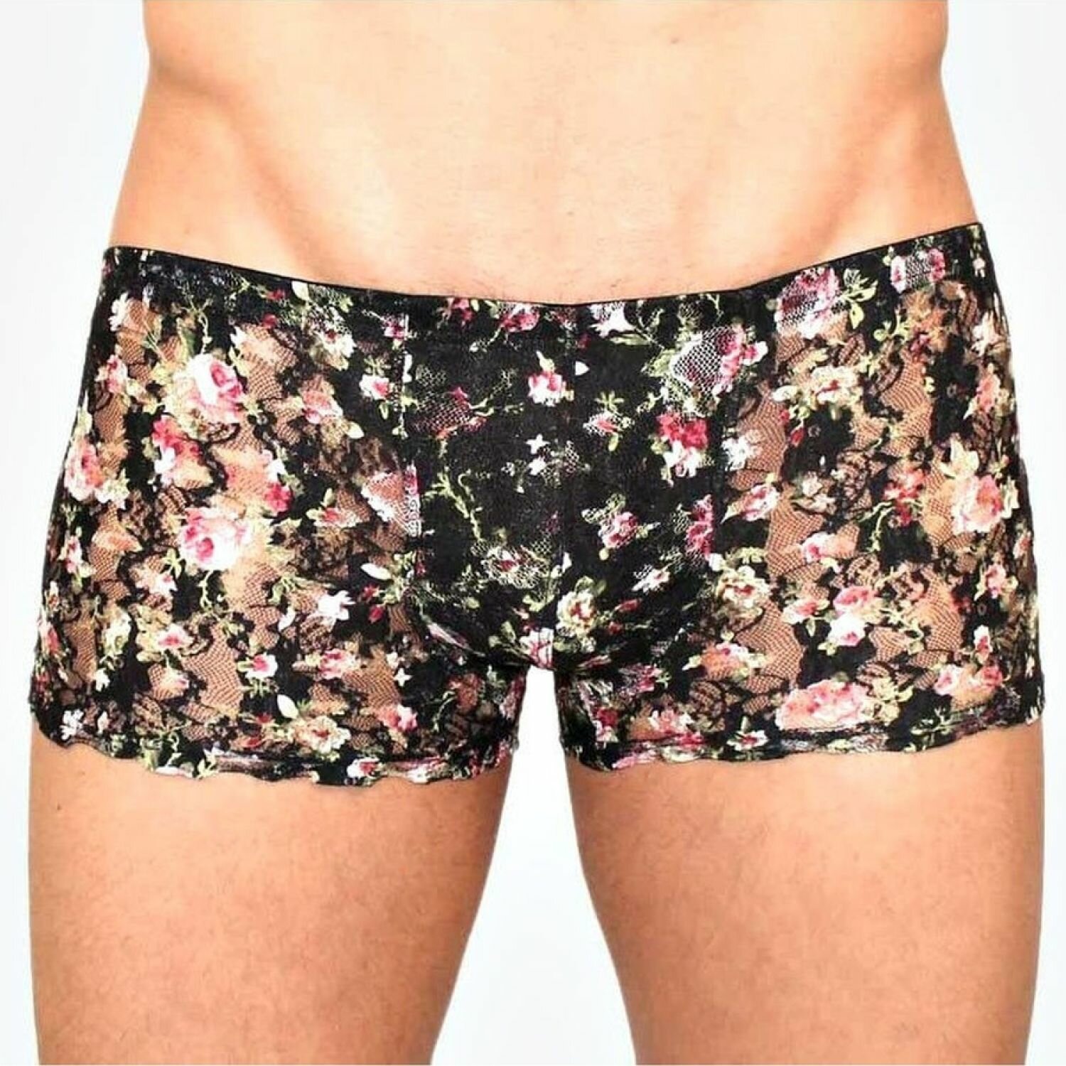 Мужские трусы-боксеры в сеточку с цветочным узором. Цвет - черный. Производитель - Romeo Rossi