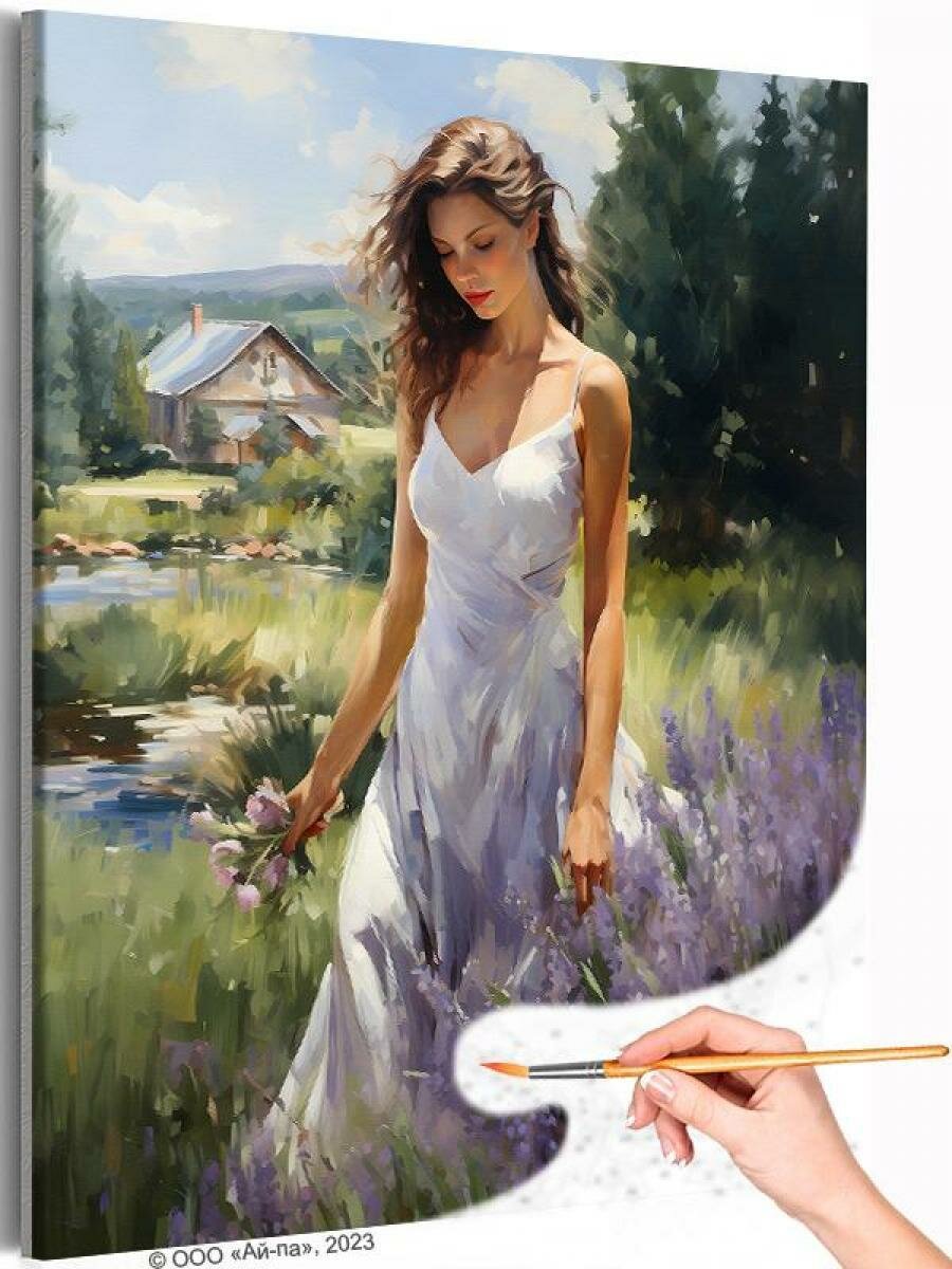 Девушка с цветами на природе Портрет Деревня Дом Лето Женщина Раскраска картина по номерам на холсте 40х50