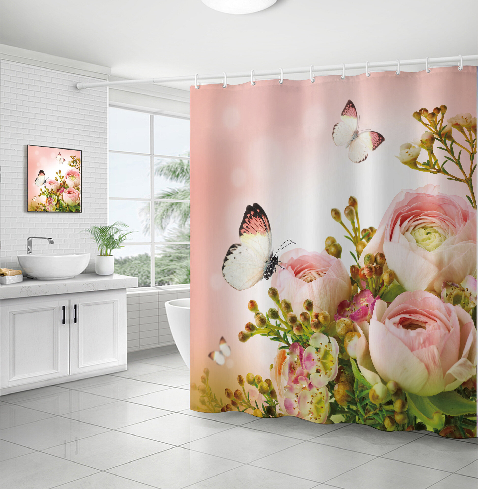 Штора (занавеска) для ванной / душа водоотталкивающая тканевая с кольцами 180 x 180 см Бабочки 4