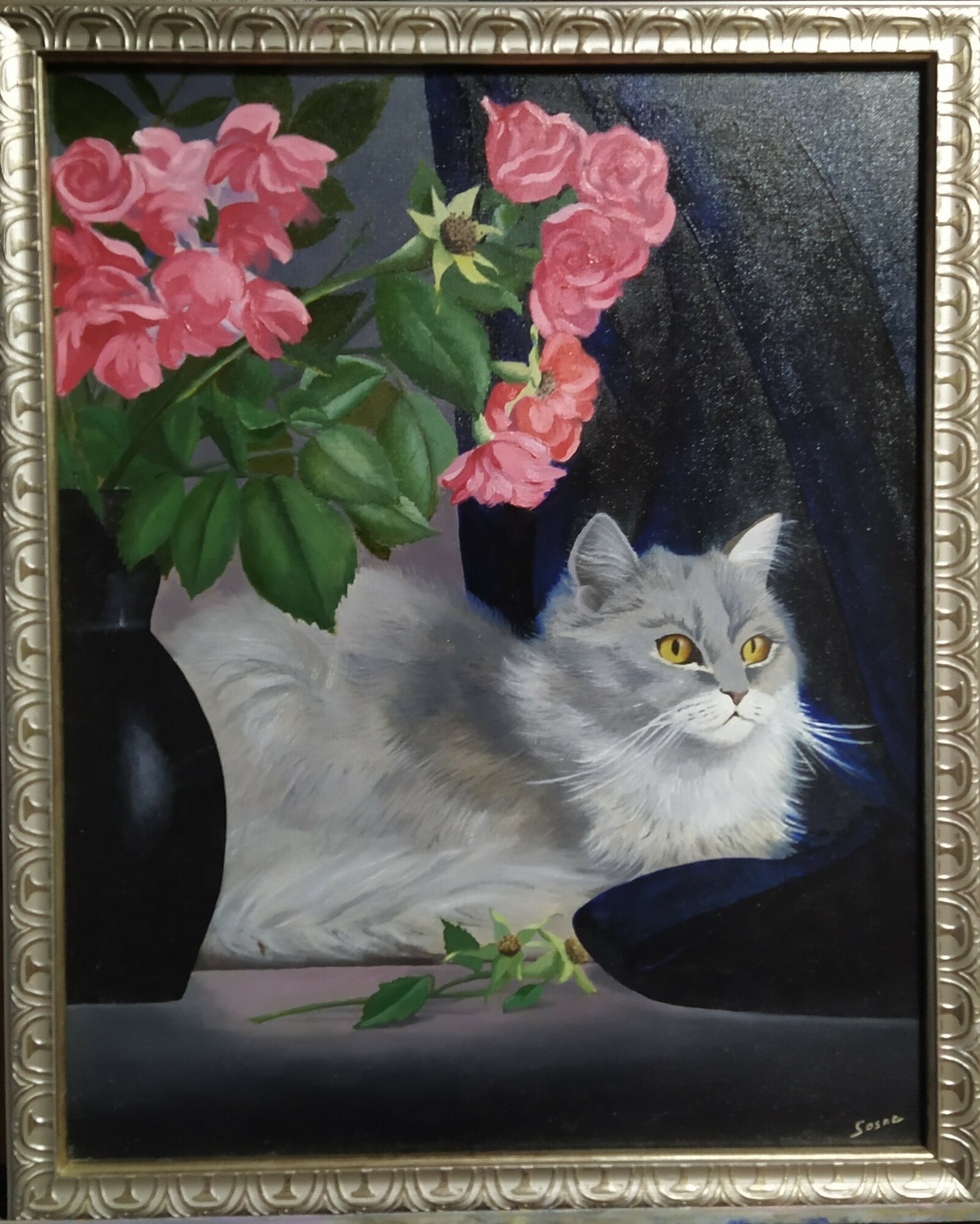 Картина маслом "Натюрморт с котом; картина маслом на холсте 54*44 см, ручная работа, Соснина Татьяна, магазин Три сосны.