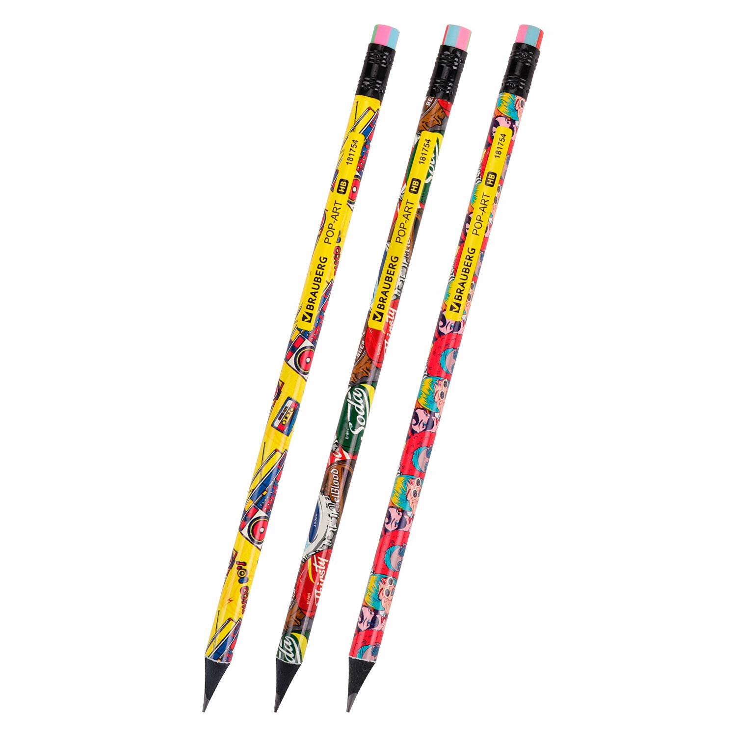 Упаковка 72 шт. Карандаш чернографитный BRAUBERG "POP-ART", 1 шт, HB, с ластиком, корпус ассорти, 181754