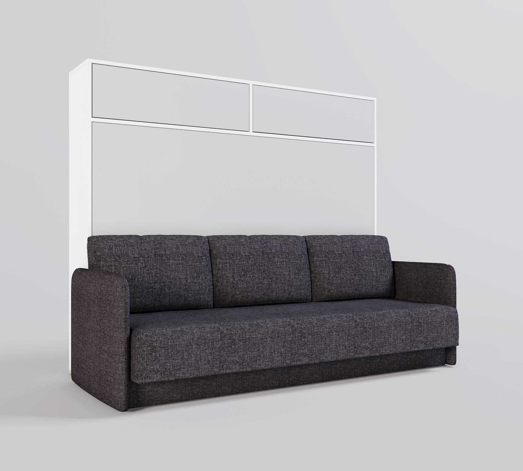 Шкаф кровать-трансформер с диваном Аджи Пуф 1400 с антресолью, узкими подлокотниками и нижней планкой Тренд