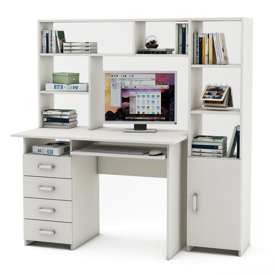 Стол письменный, компьютерный Лайт (Ньюкасл) 4К с надстройкой и стеллажом цвет: Белый