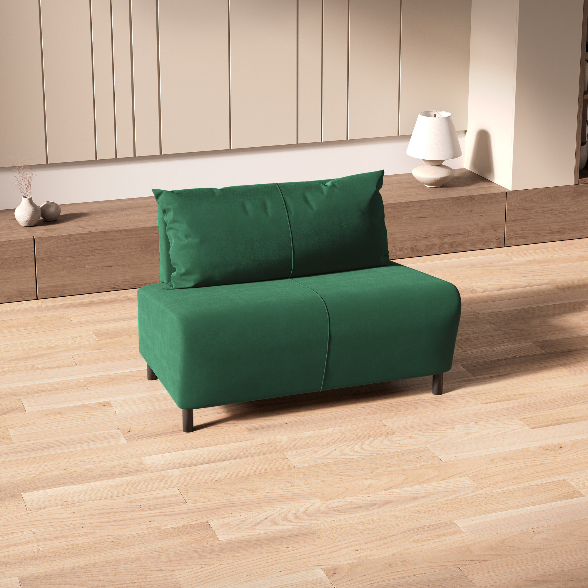 Диван TWIN, с подушкой, в офис, холл, 100 см, без подлокотников, антивандальный велюр, изумрудный