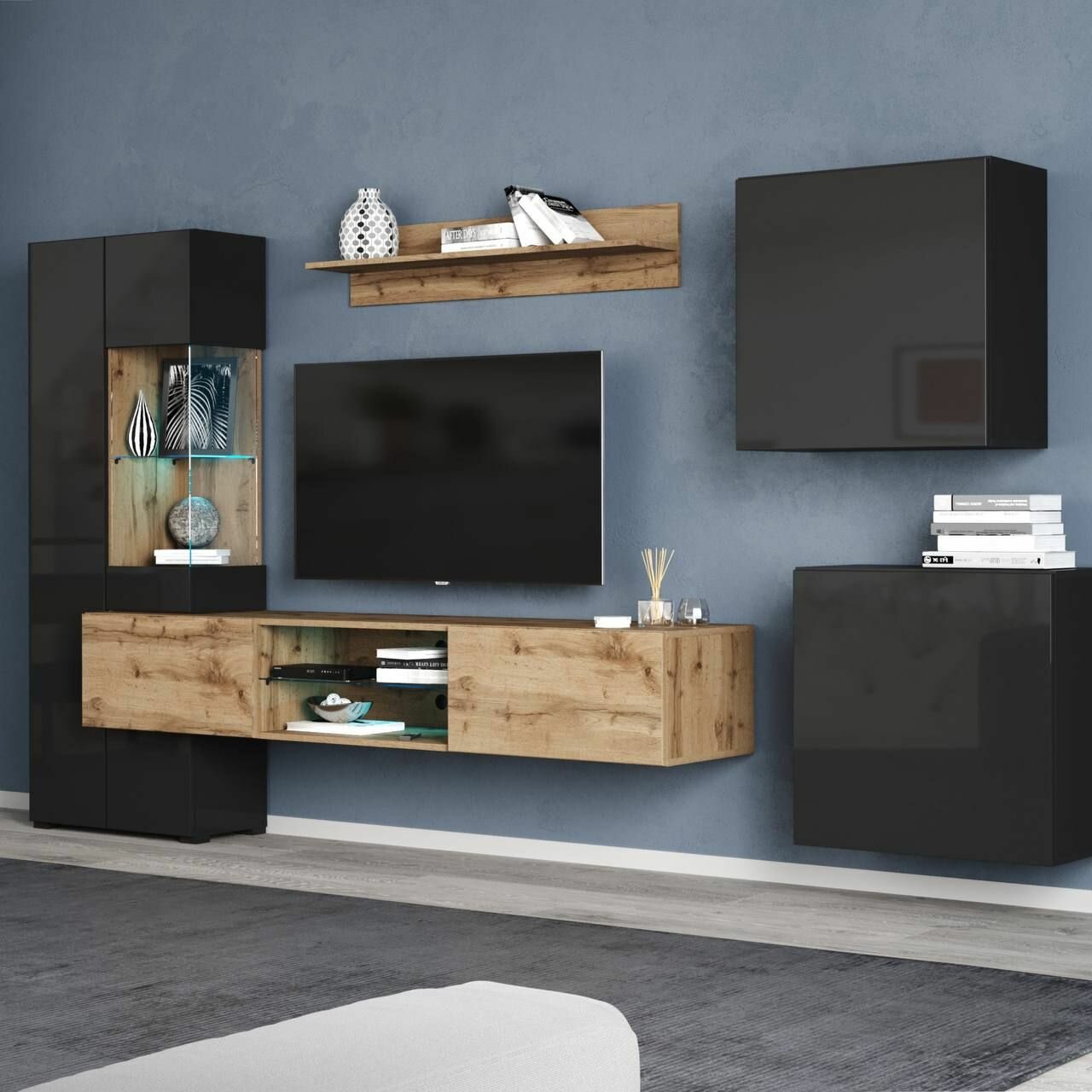 POINT гостиная ТИП-70, цвет Дуб Вотан, Черный глянец, с подсветкой