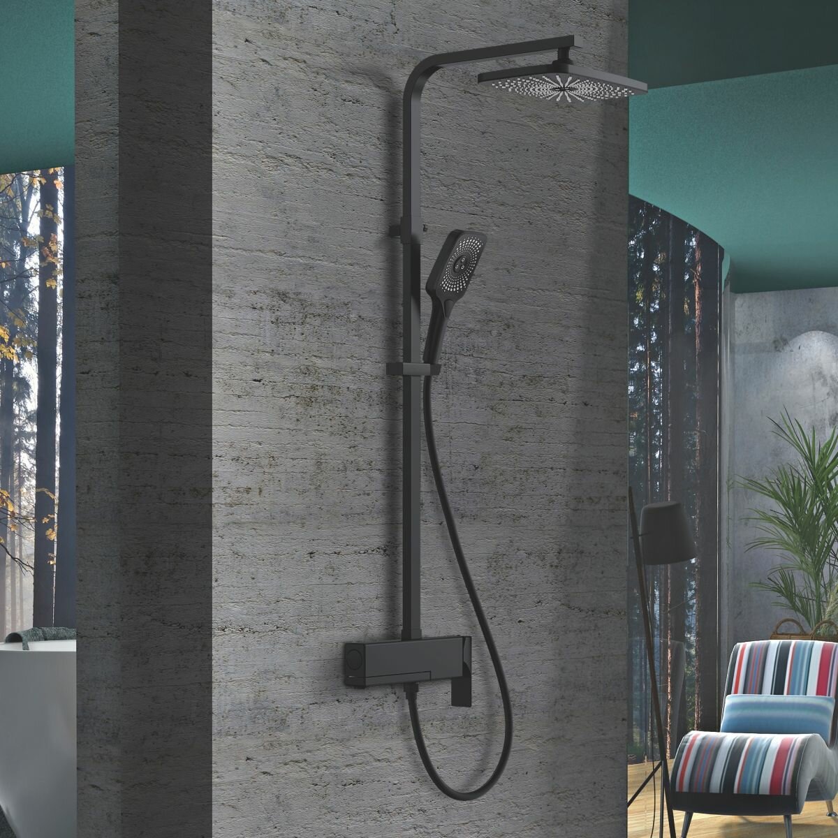 Душевая система Rose с верхним тропическим душем и ручной лейкой, черный