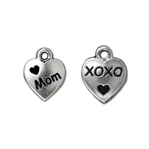 Подвеска, 13х10мм, TierraCast, сердце love Mom, базовый материал - оловянный сплав, посеребренное с чернением, 2 шт.