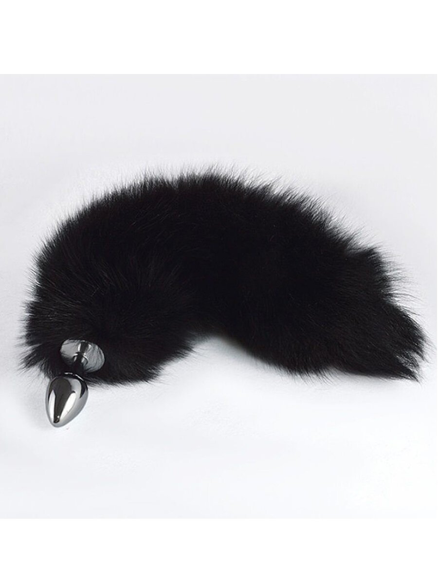 Анальная металлическая пробка с хвостом из натурального меха, 6см