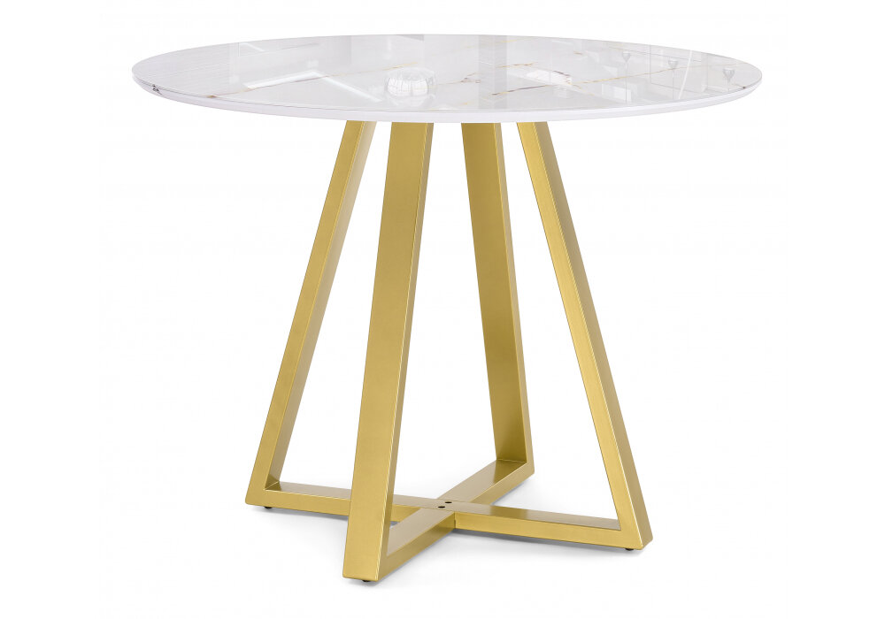 Стол стеклянный Норфолк 100х78 woodville белый и золотой, стекло и дерево и металл, круглая столешница, оригинальное основание