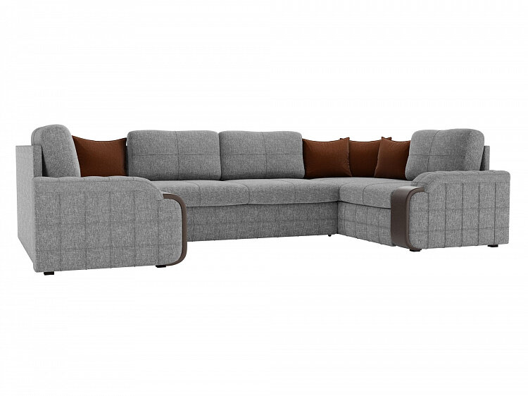 Угловой диван П-образный Николь серо-коричневый, дельфин, 332х198х95 см, с ящиком для белья
