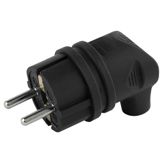 Вилка угловая каучук ЭРА с заземлением 16А IP44 черная для электроприборов и розеток