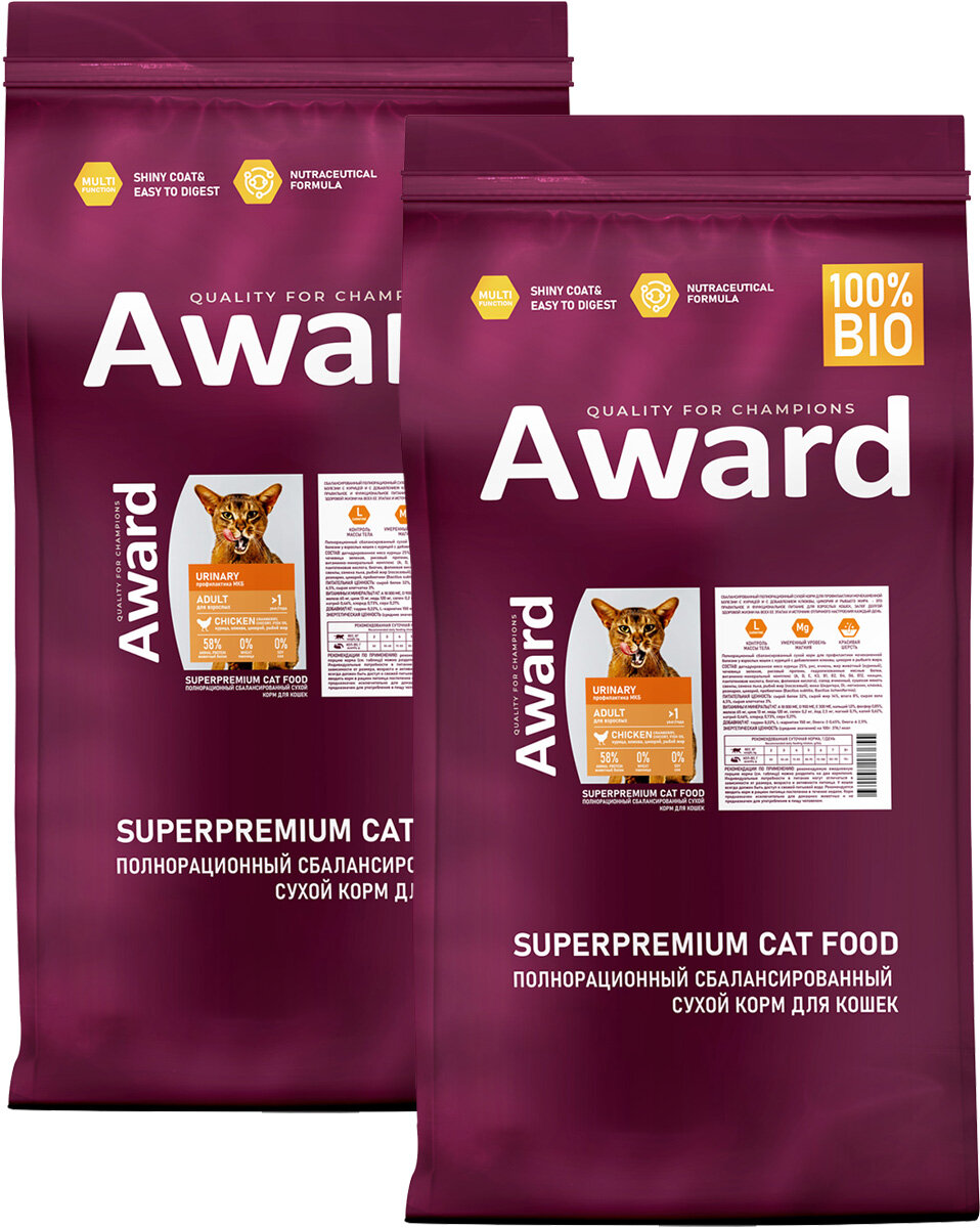 AWARD URINARY для взрослых кошек для профилактики мочекаменной болезни с курицей 10 + 10 кг