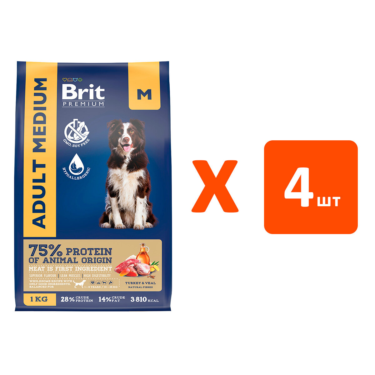 BRIT PREMIUM DOG ADULT MEDIUM для взрослых собак средних пород с индейкой и телятиной NEW 1 кг х 4 шт