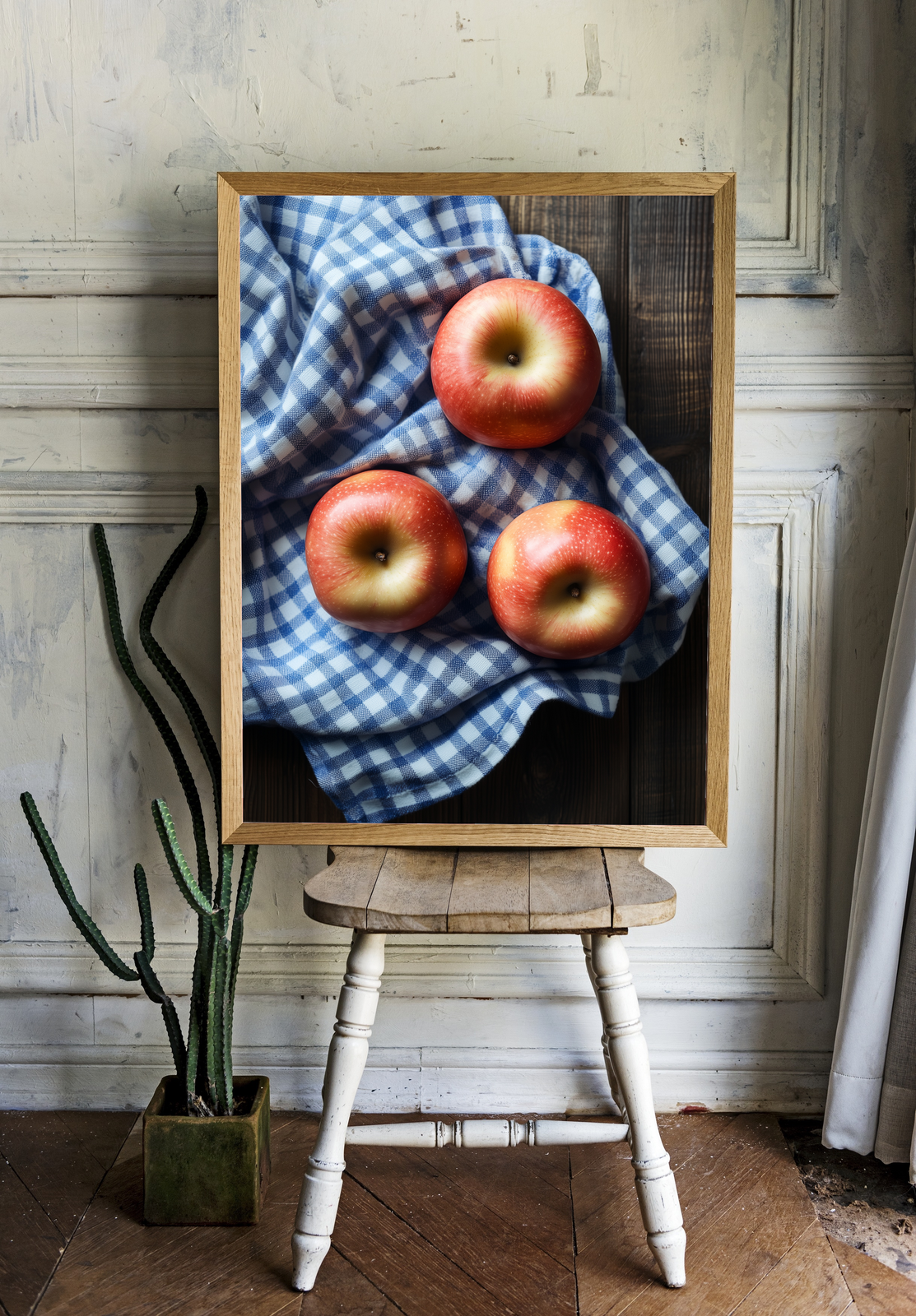 Постер "Три яблока на клетчатой ткани" 60x90 без рамы