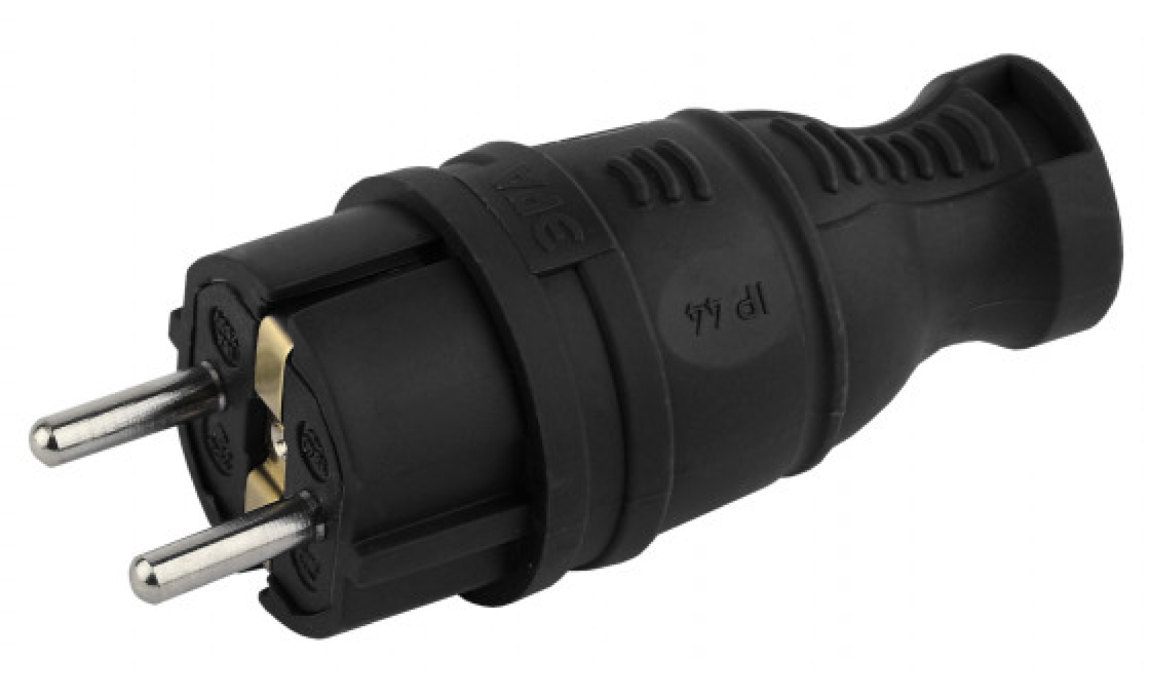 Вилка силовая кабельная ЭРА V8-B-IP44 прямая с заземлением из каучука, черная, 3500Вт 16А / электрика