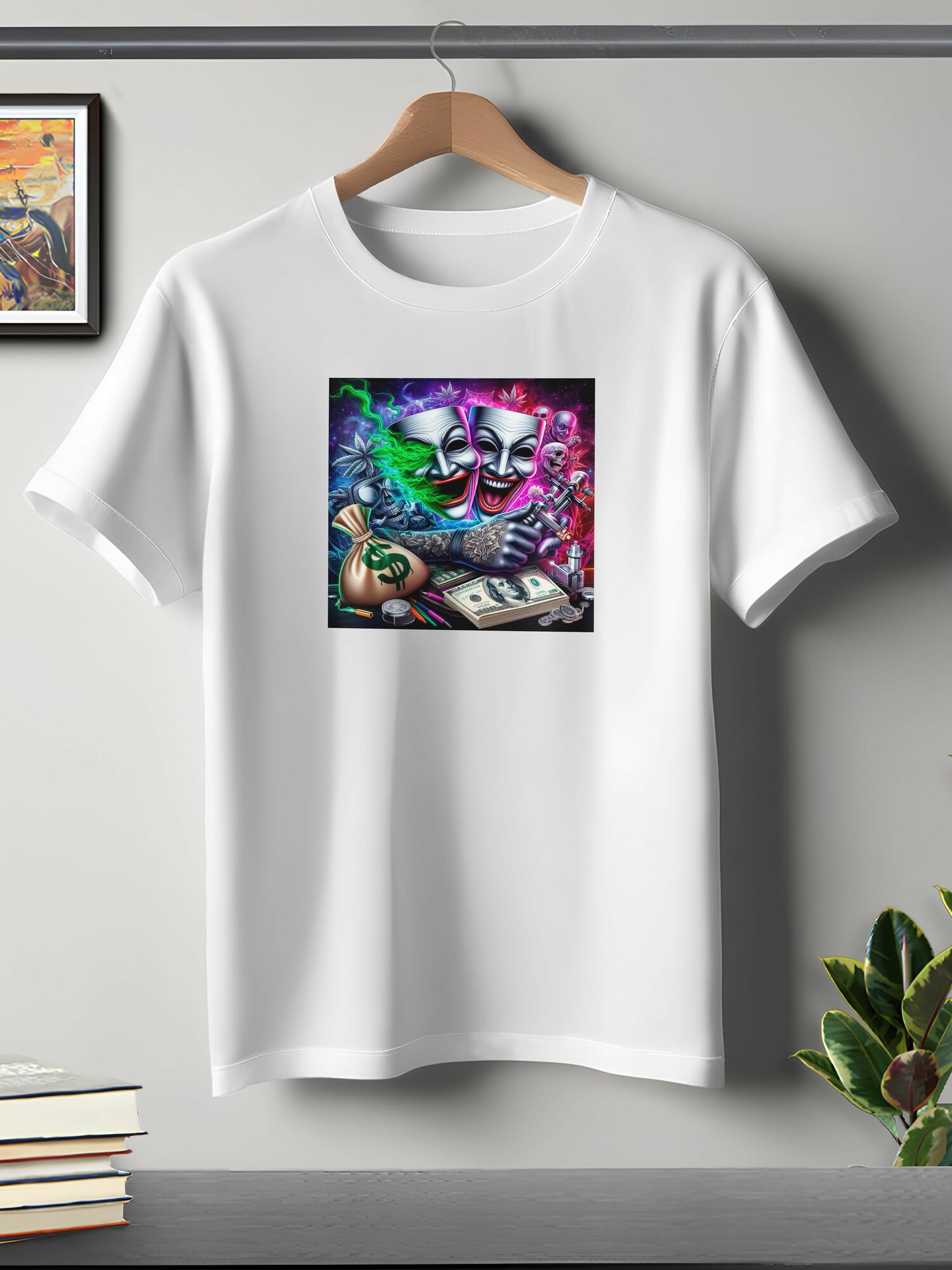 Футболка ONEQ унисекс 52-54 (XXL) размер с принтом маска Джокера, белая